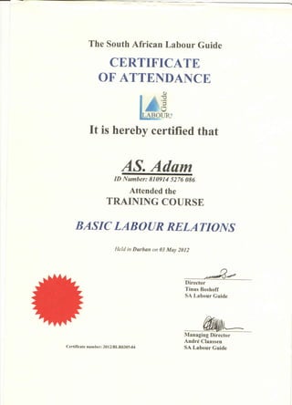 Basic Labour Relations Certificate | PDF