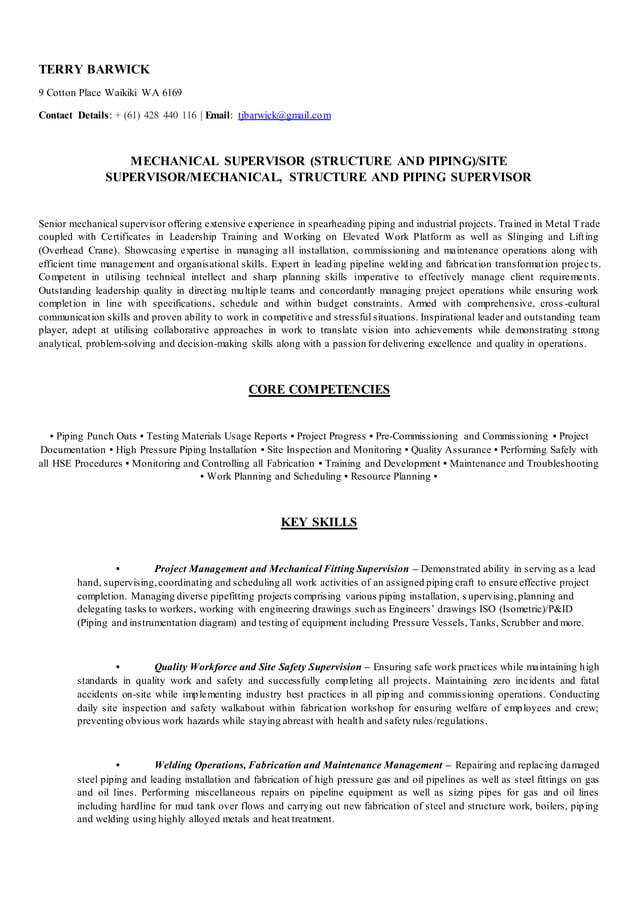 TerryBarwickResume20thJan2015 | DOCX | Civil Engineering Industry ...