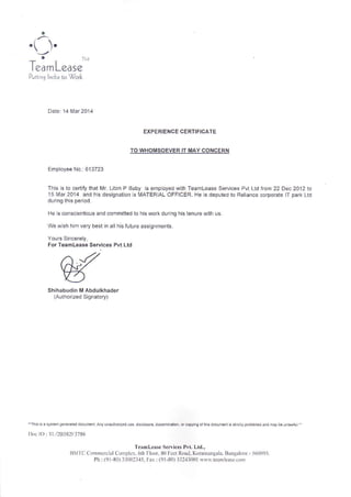 Reliance Exp Certificate | PDF