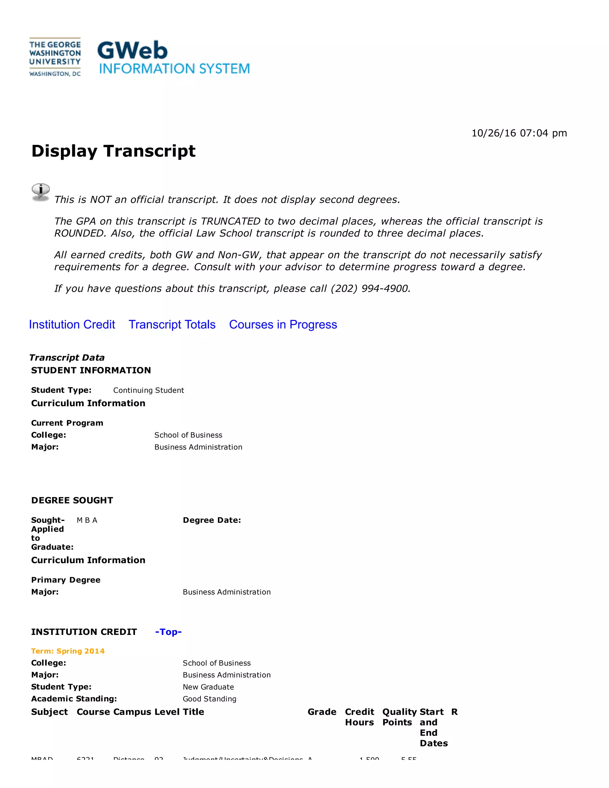 Unofficial Transcript - Oct 2016 | PDF