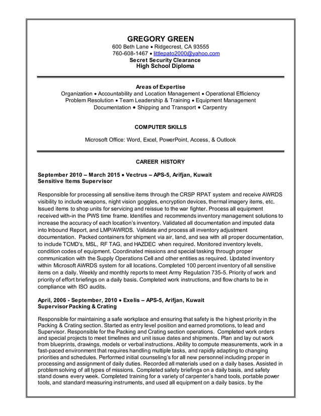 Gregory Green Resume | DOCX | Woodworking | Arts and Crafts
