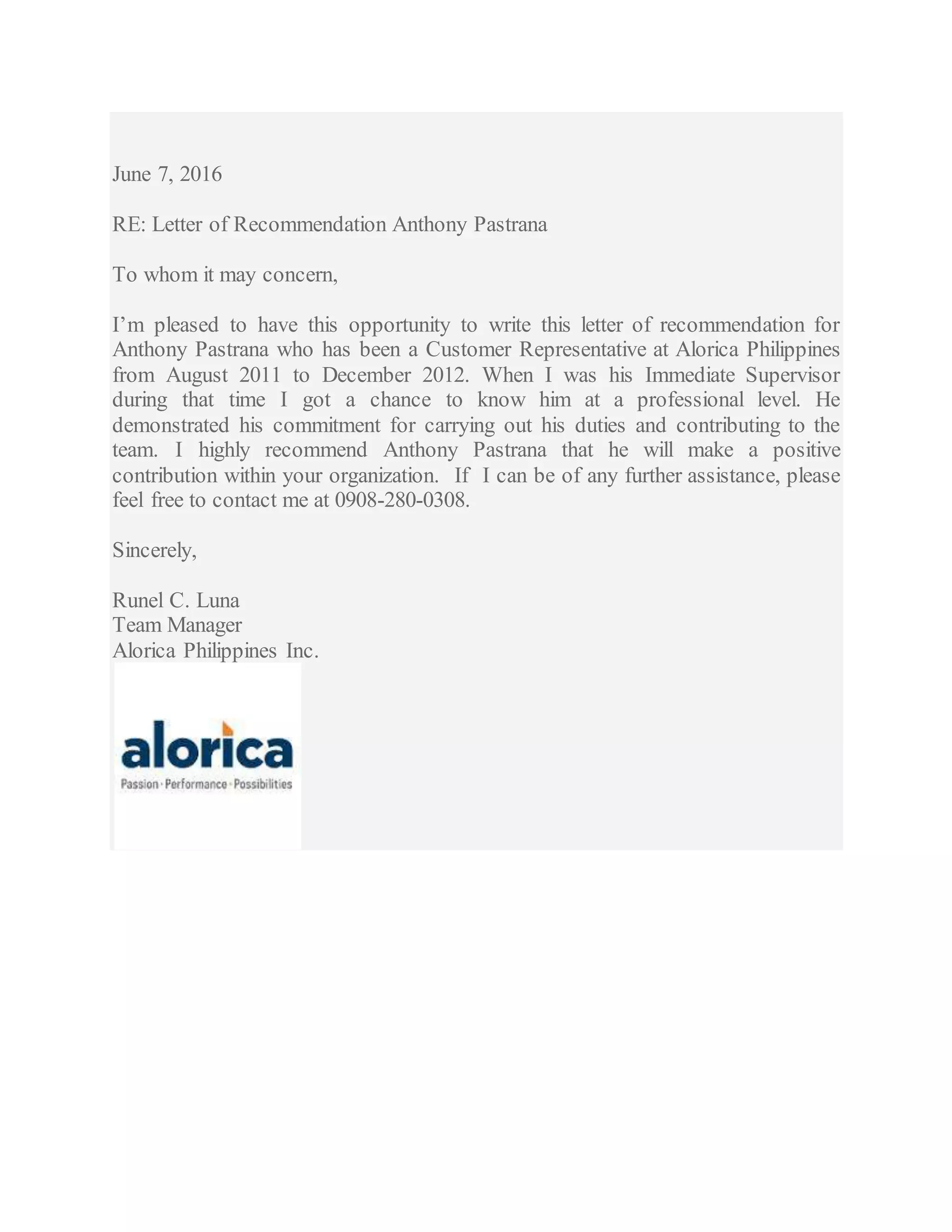 Runel Luna Team Manager Alorica Letter of Recommendation | DOCX