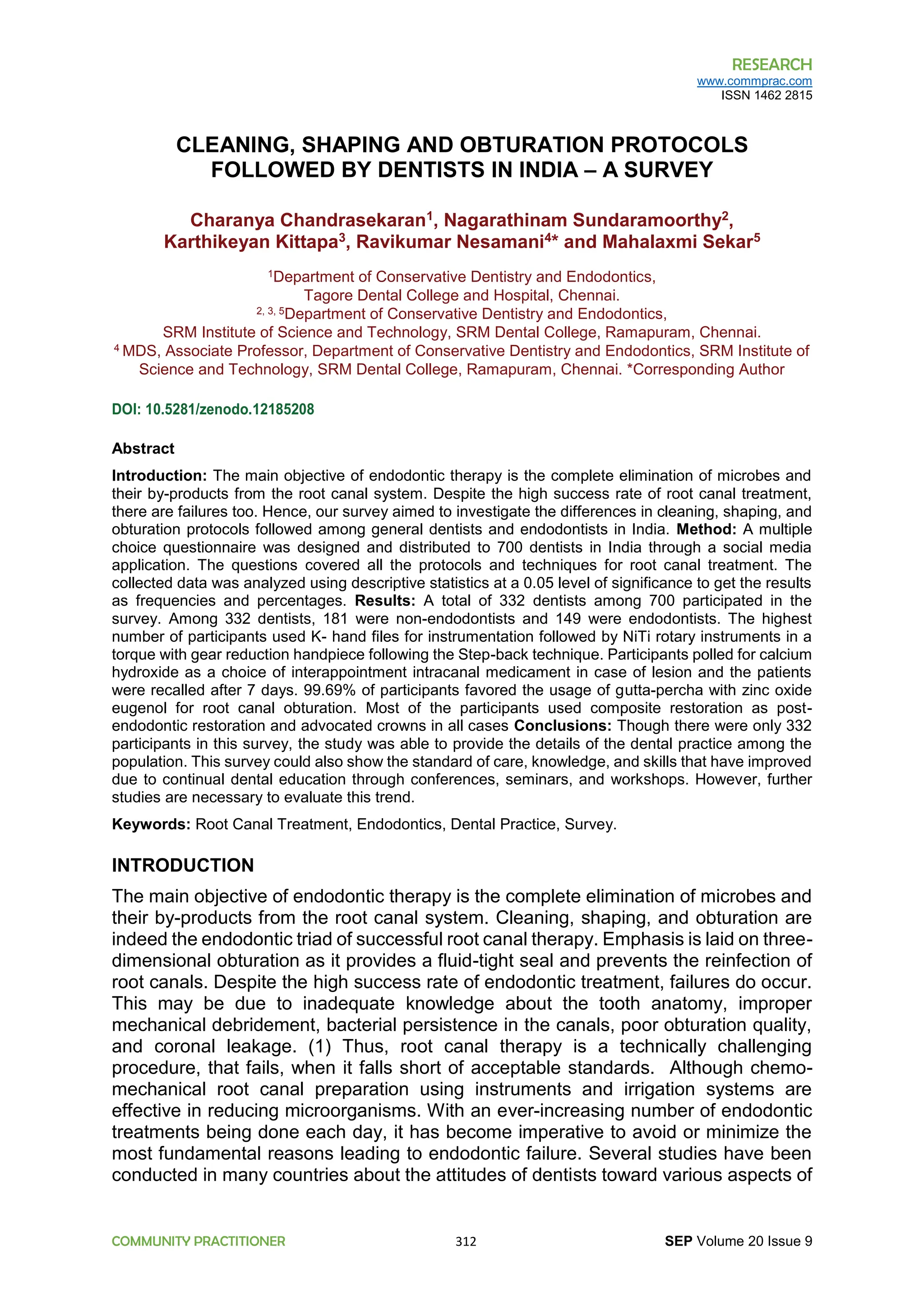 CLEANING, SHAPING AND OBTURATION PROTOCOLS FOLLOWED BY DENTISTS IN INDIA – A SURVEY | PDF