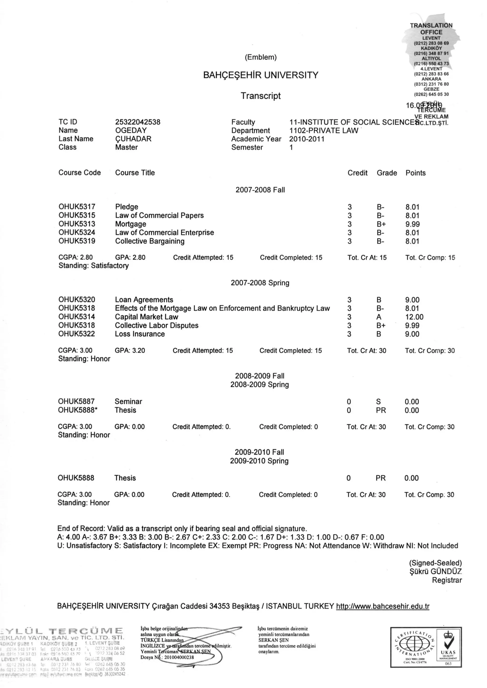 Bahçeşehir University Transcript English | PDF