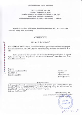 The College of Tourism - University of Belgrade - Certificate | PDF