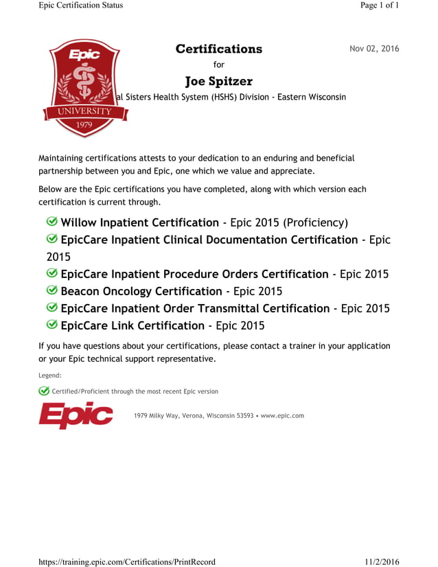 Joe's Epic Certifications | PDF | Medical Health