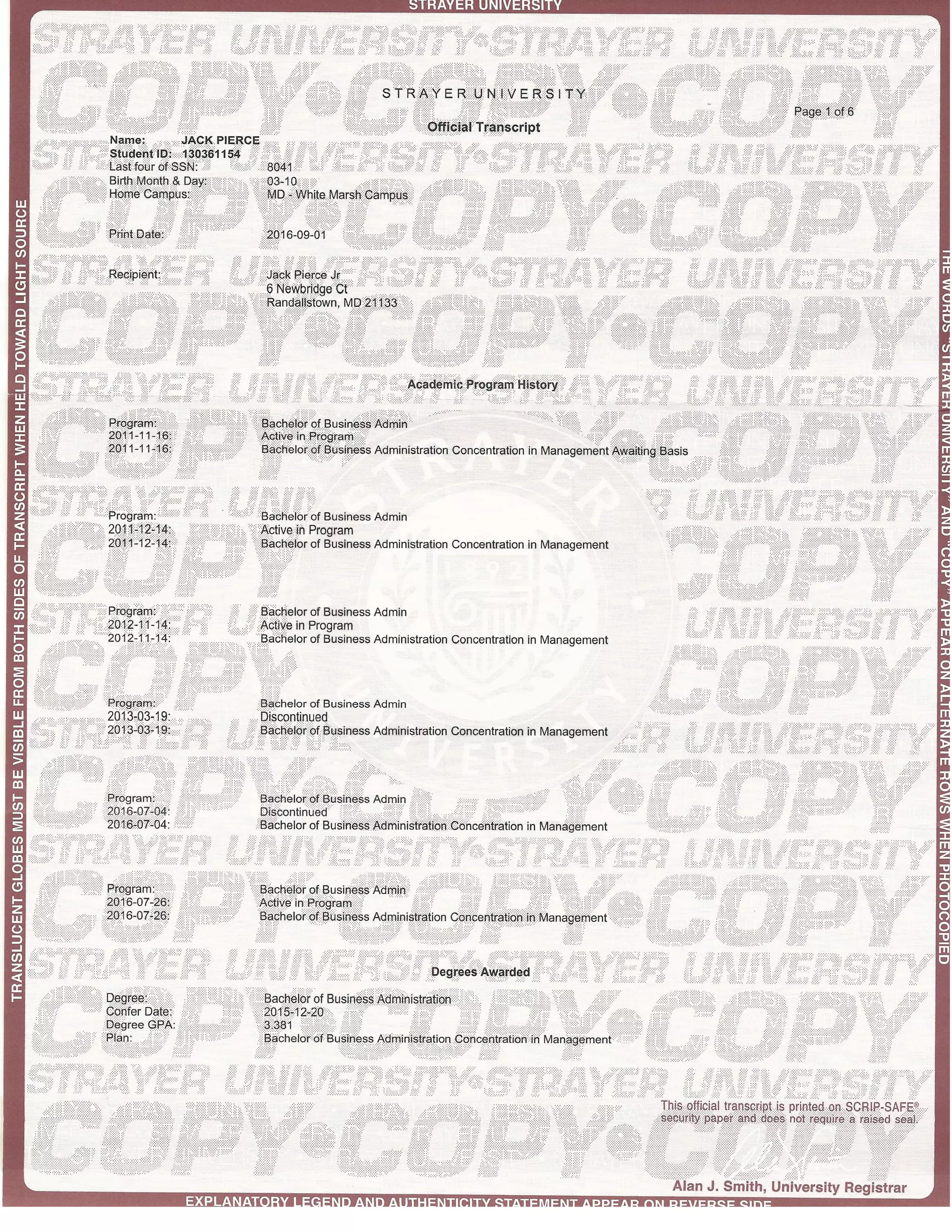 Strayer Official Transcript | PDF