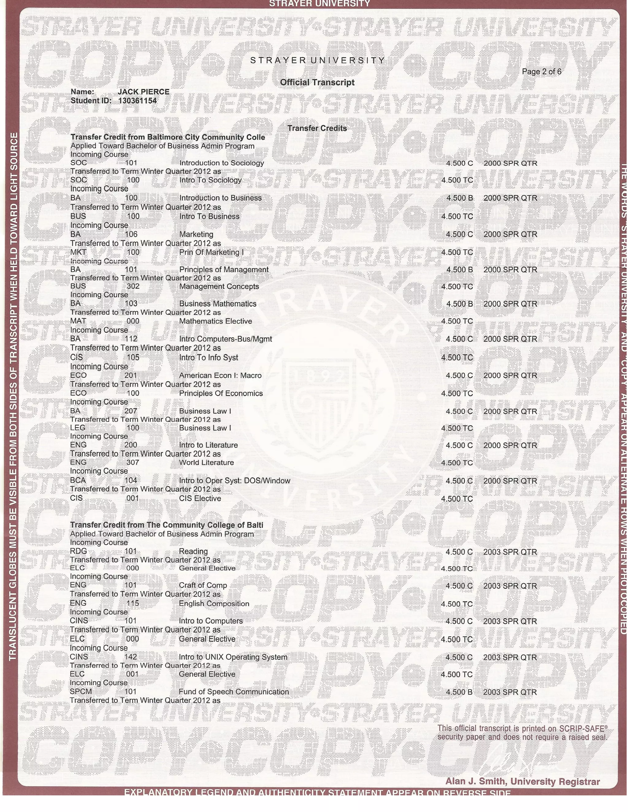 Strayer Official Transcript | PDF