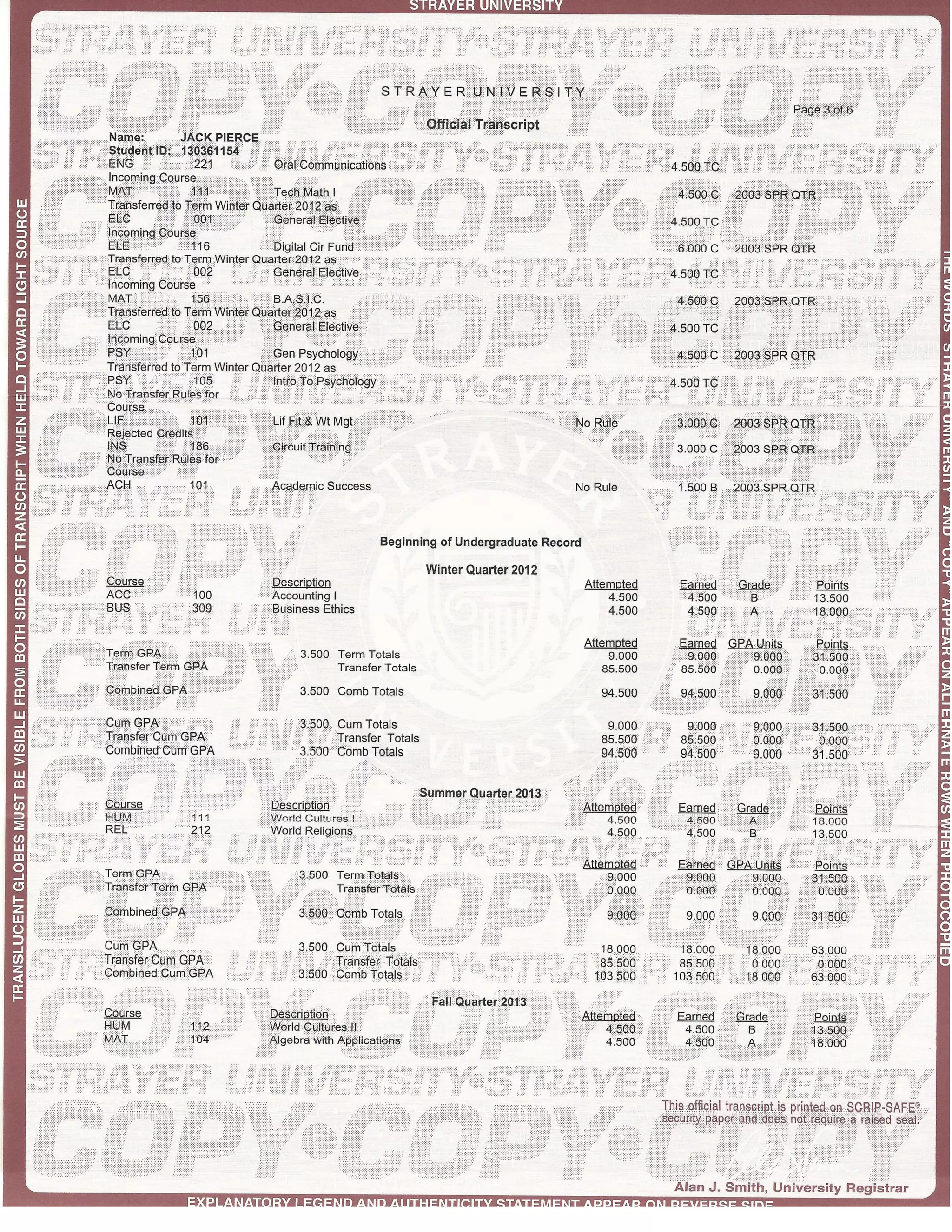 Strayer Official Transcript | PDF