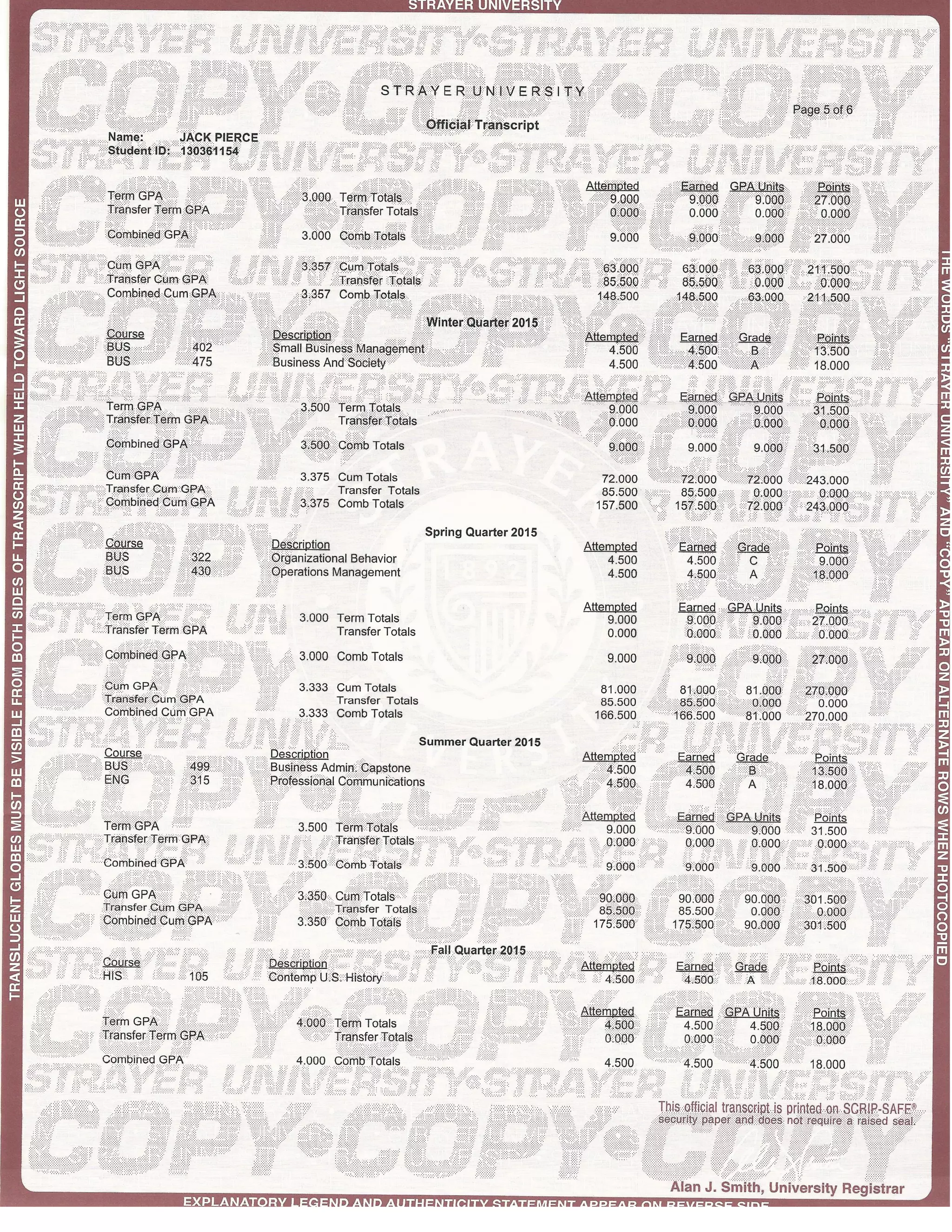 Strayer Official Transcript | PDF