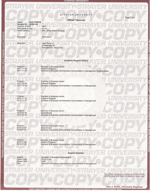 Strayer Official Transcript | PDF