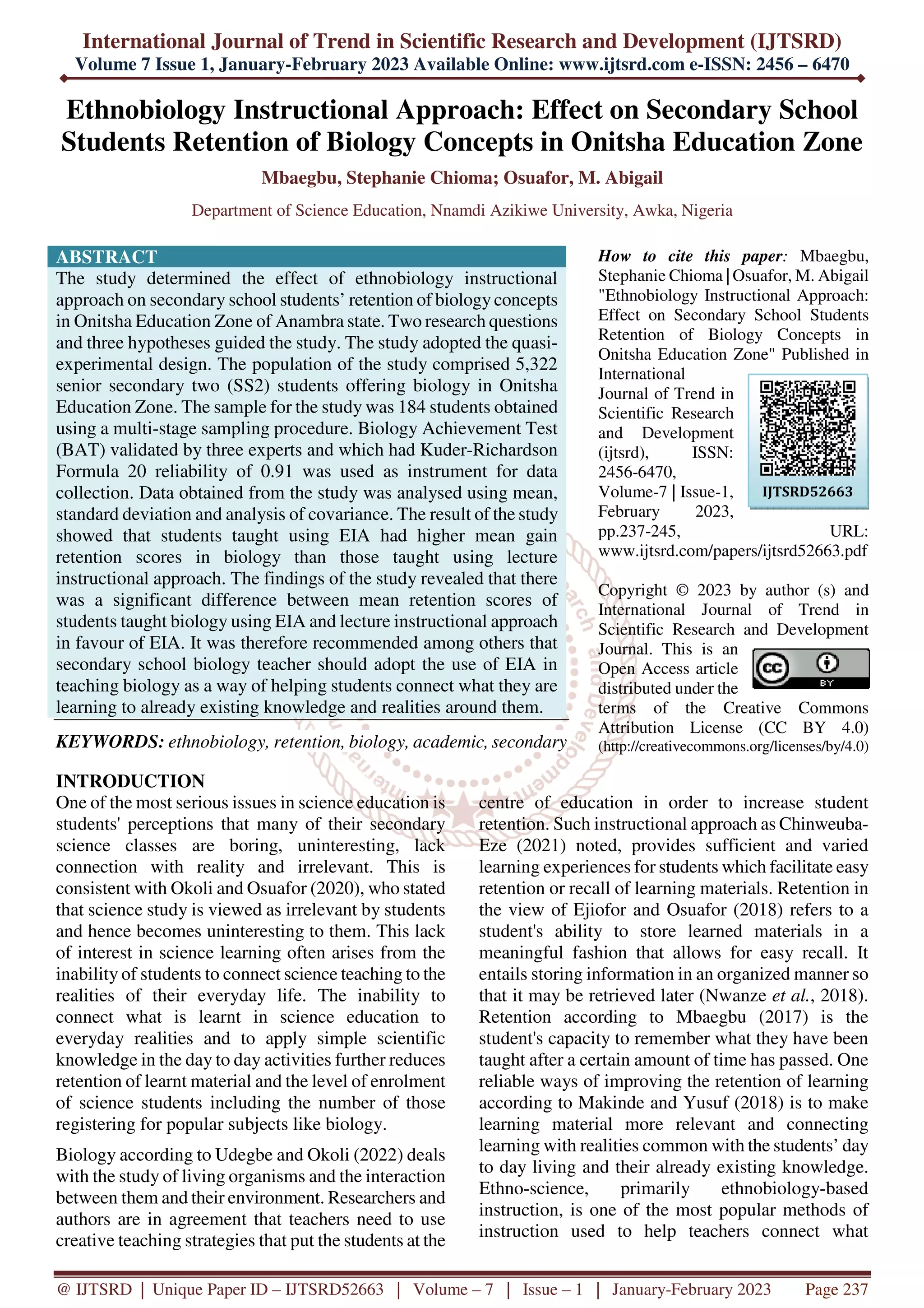 Ethnobiology Instructional Approach Effect on Secondary School Students Retention of Biology ...