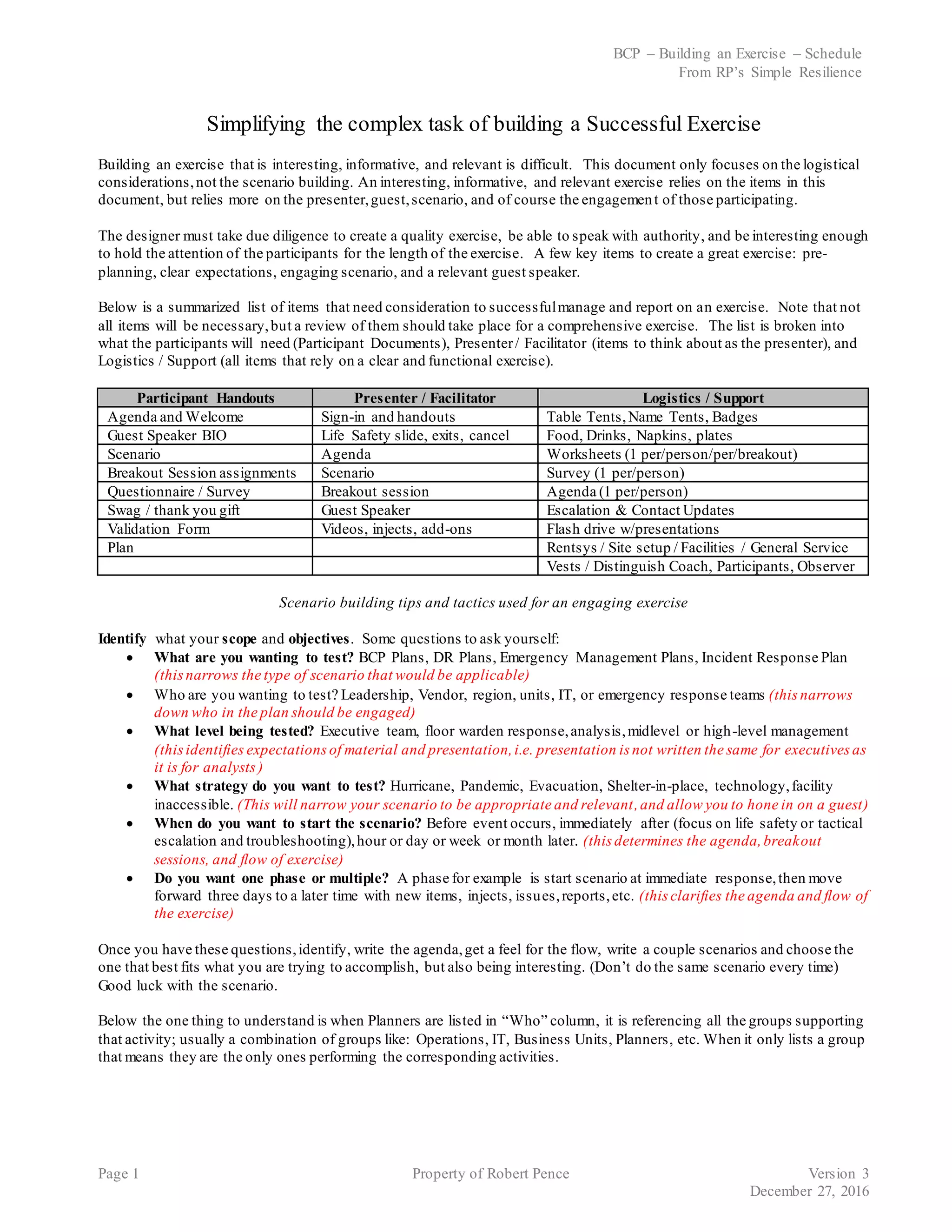 TTX - Schedule, Presentation, Logistics building an Exercise - 161227 ...