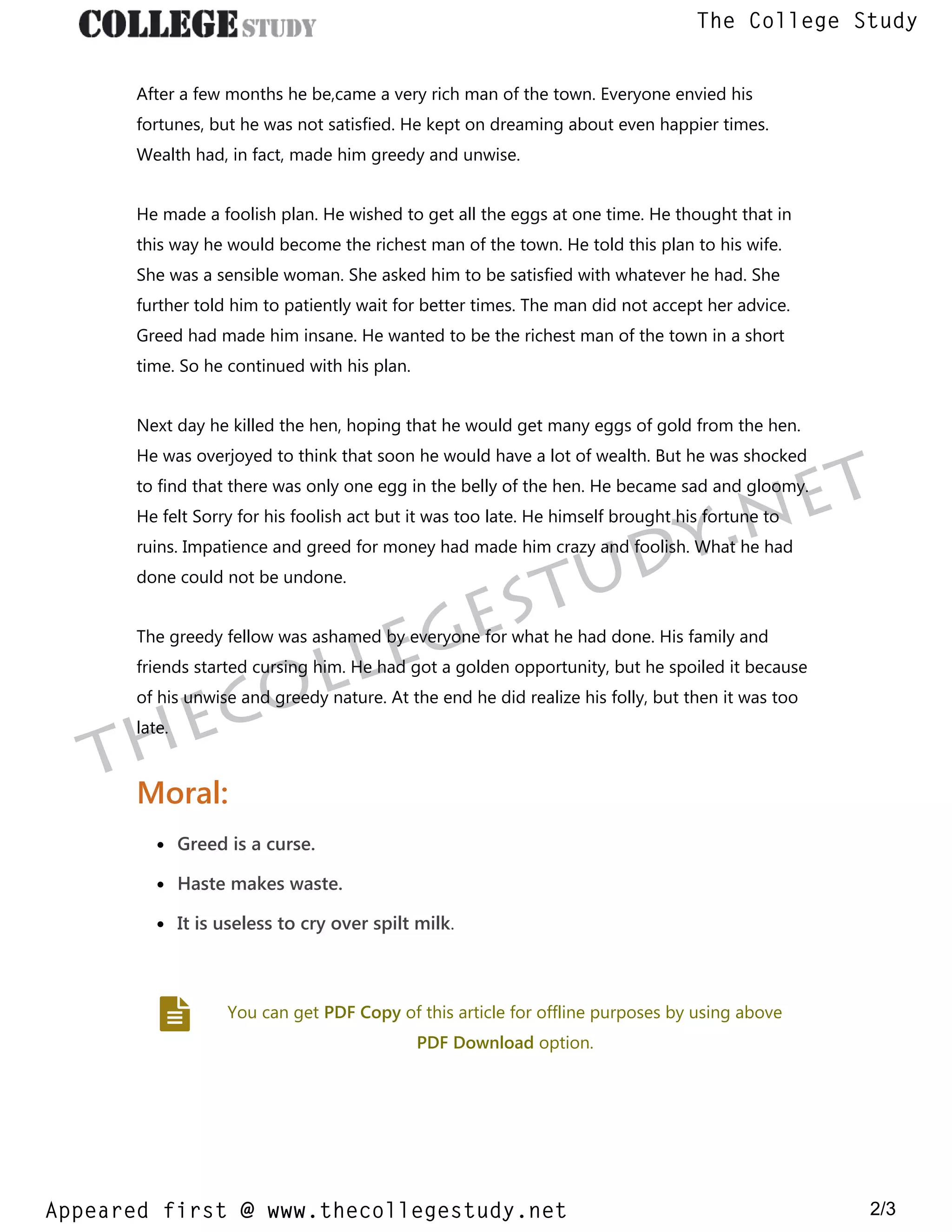 33 greed is a curse (500 words story) the college study | PDF