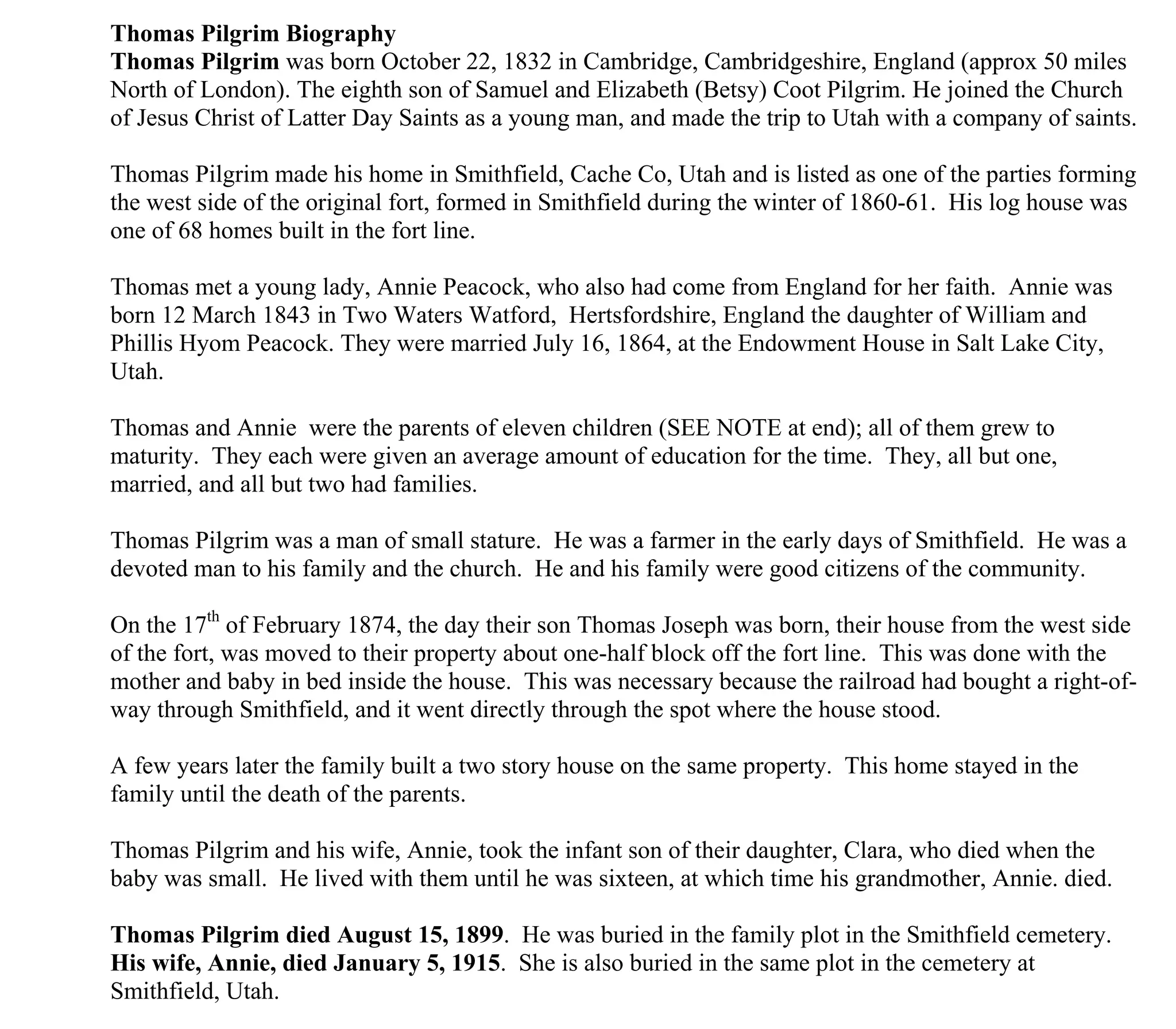 Mary Ann "Annie" Peacock & Thomas Pilgrim | PDF