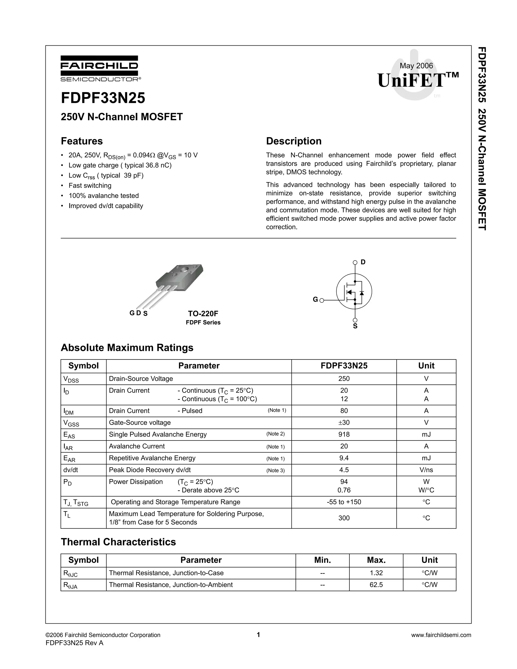 Original N-Channel Mosfet FDPF33N25 33N25 TO-220 New FairChild | PDF