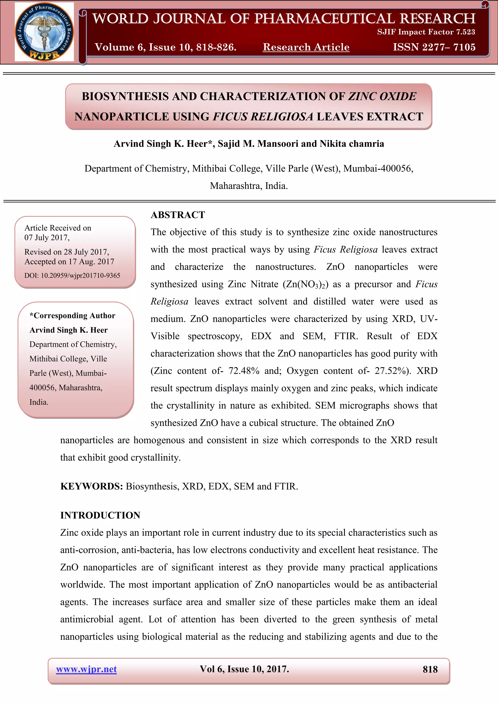 BIOSYNTHESIS AND CHARACTERIZATION OF ZINC OXIDE NANOPARTICLE USING ...