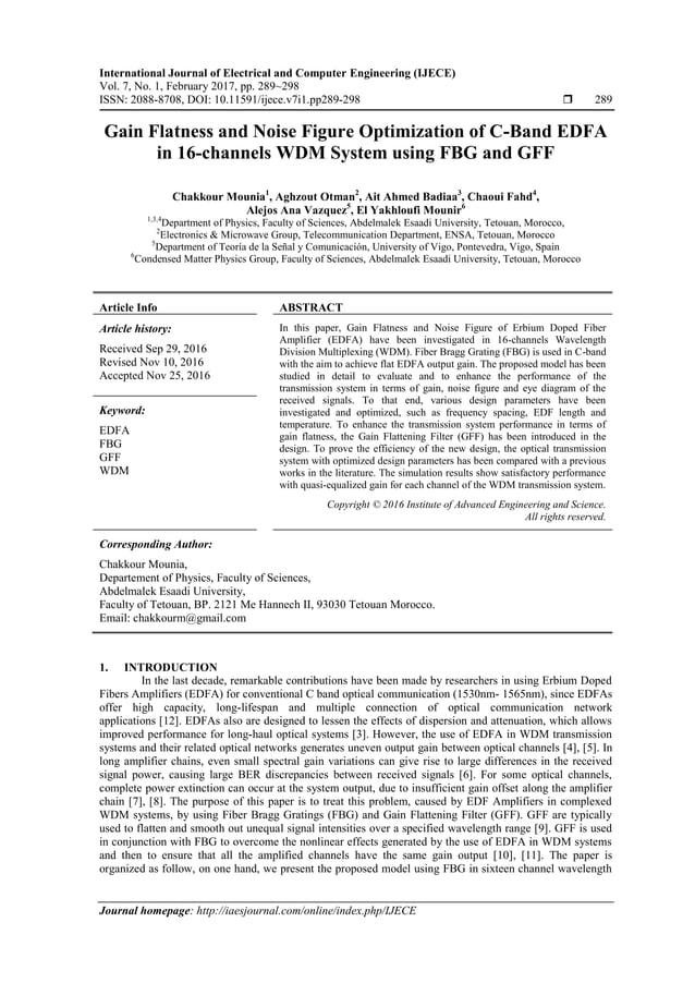 Gain Flatness and Noise Figure Optimization of C-Band EDFA in 16-channels WDM System using FBG ...