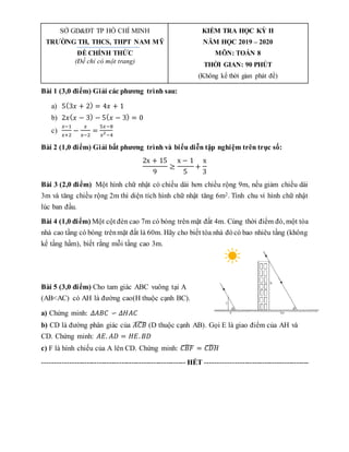 Đề Thi HK2 Toán 8 - THCS Nam Mỹ | PDF