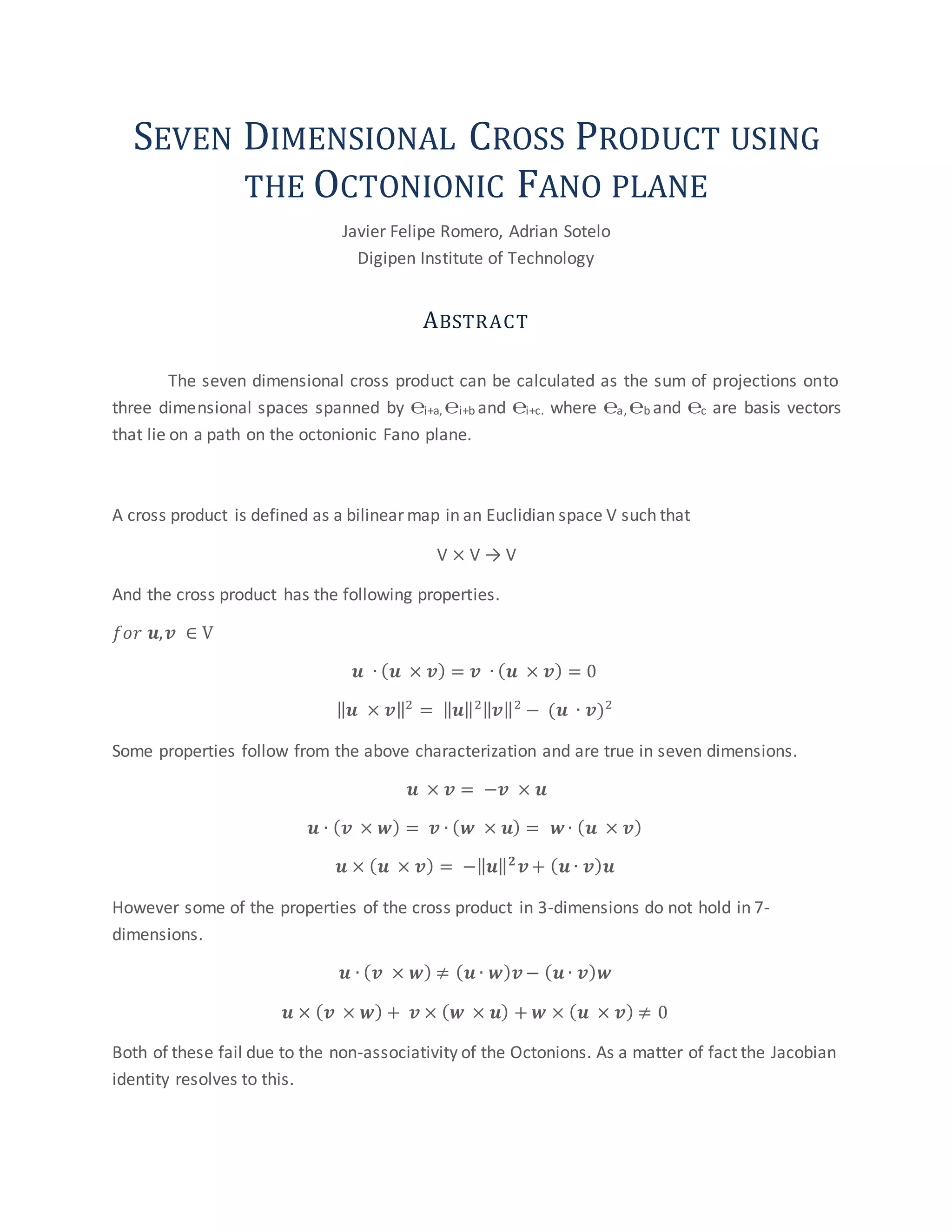 Seven Dimensional Cross Product using the Octonionic Fanoplane | DOCX