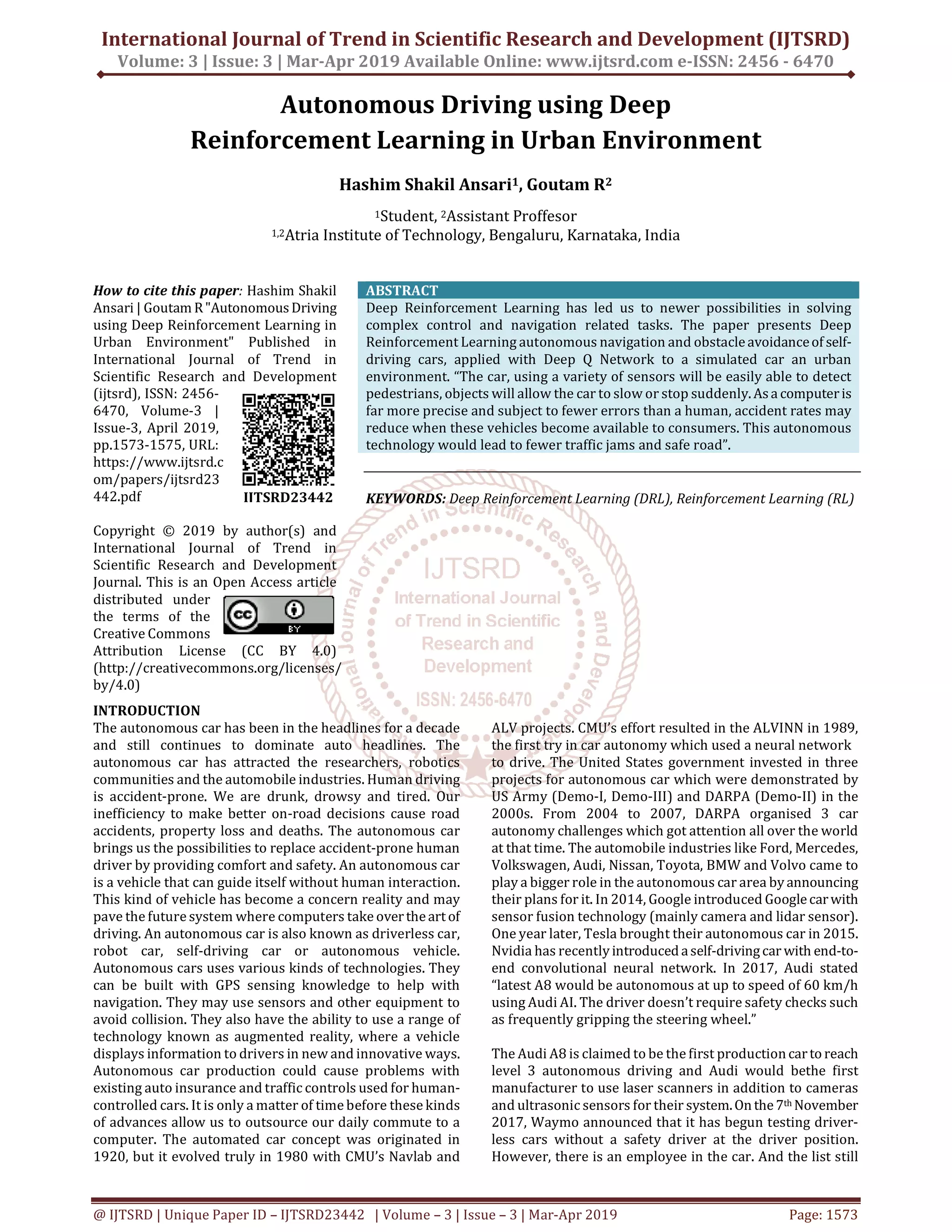 Autonomous Driving Using Deep Reinforcement Learning In Urban