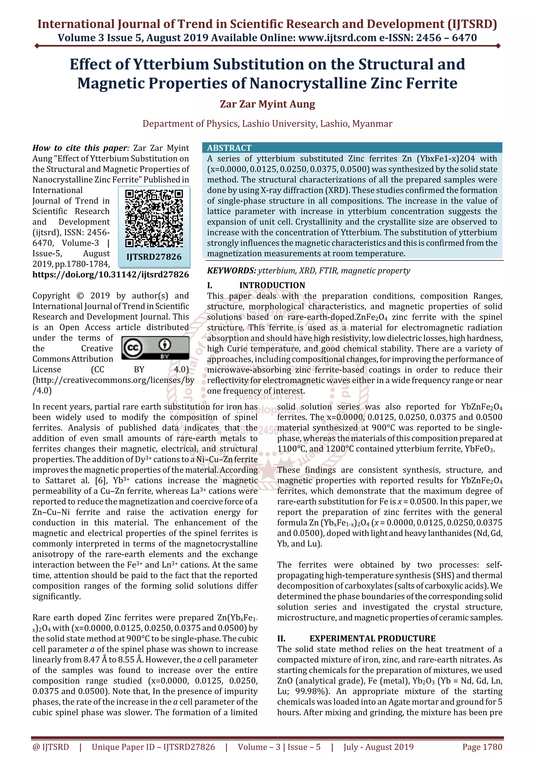 Effect Of Ytterbium Substitution On The Structural And Magnetic Properties Of Nanocrystalline