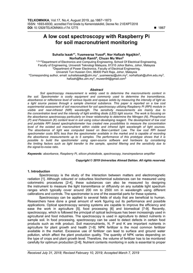 A low cost spectroscopy with Raspberry Pi for soil macronutrient ...