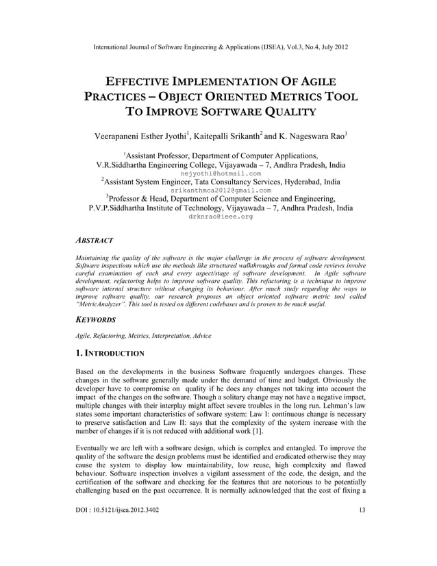 EFFECTIVE IMPLEMENTATION OF AGILE PRACTICES – OBJECT ORIENTED METRICS TOOL TO IMPROVE SOFTWARE ...