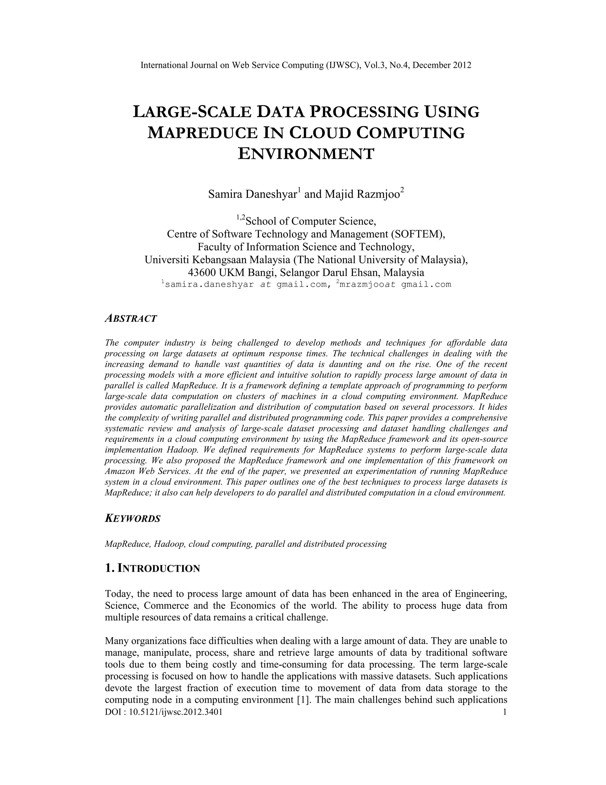 Large Scale Data Processing Using Mapreduce In Cloud Computing Environment Pdf 
