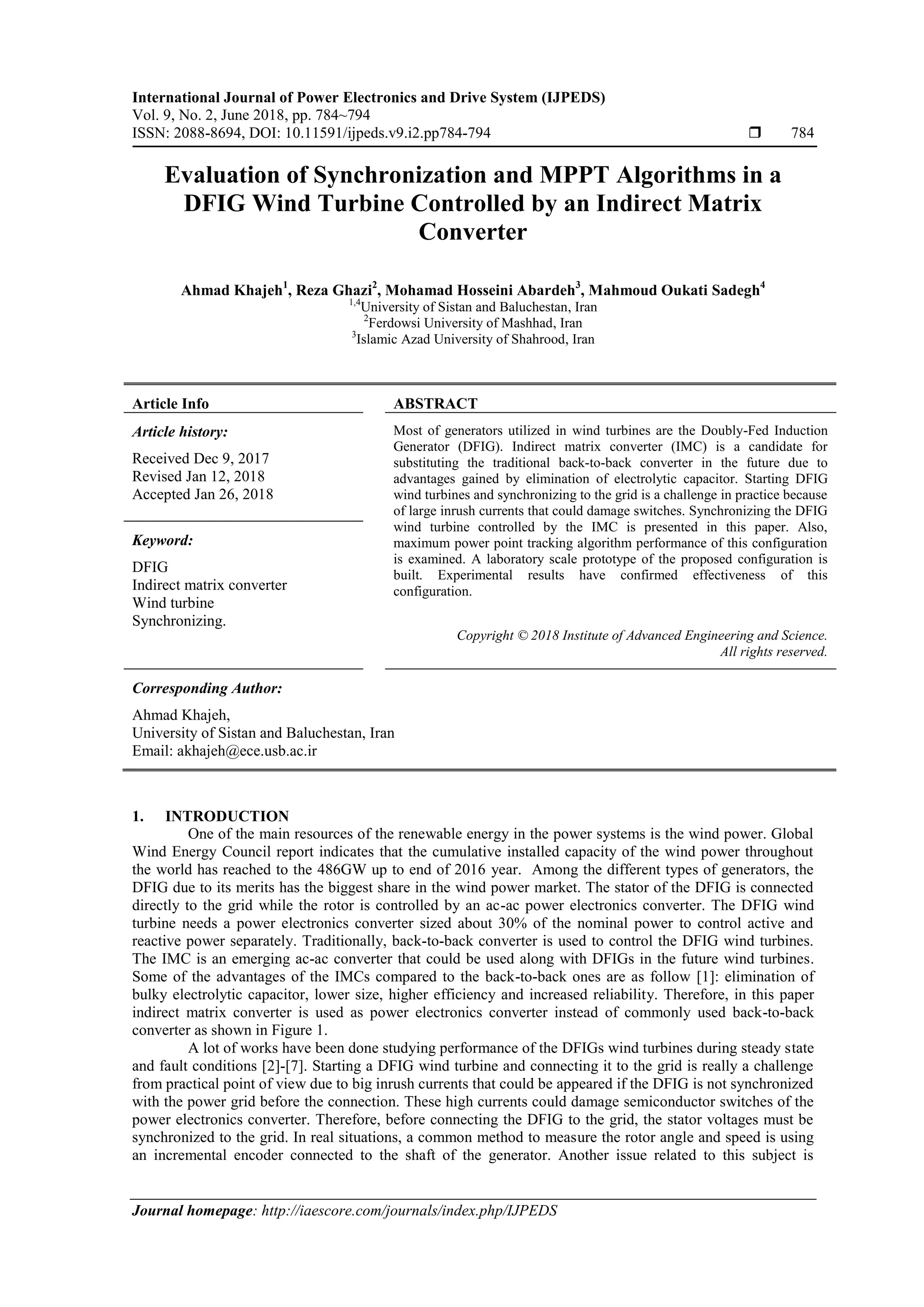 Evaluation Of Synchronization And Mppt Algorithms In A Dfig Wind