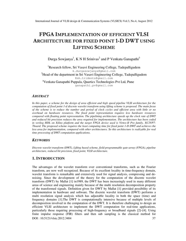 Fpga Implementation Of Efficient Vlsi Architecture For Fixed Point 1 D