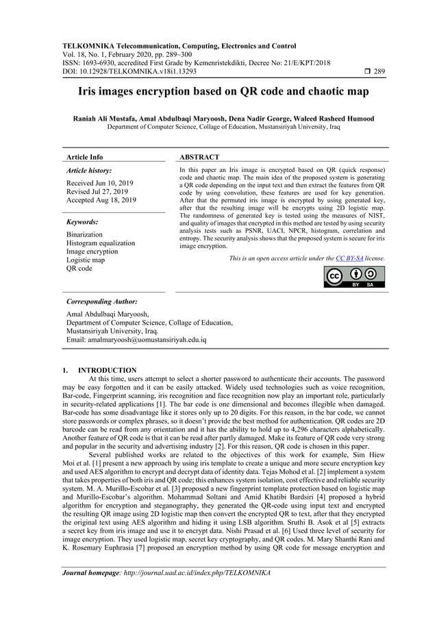 Iris images encryption based on QR code and chaotic map | PDF
