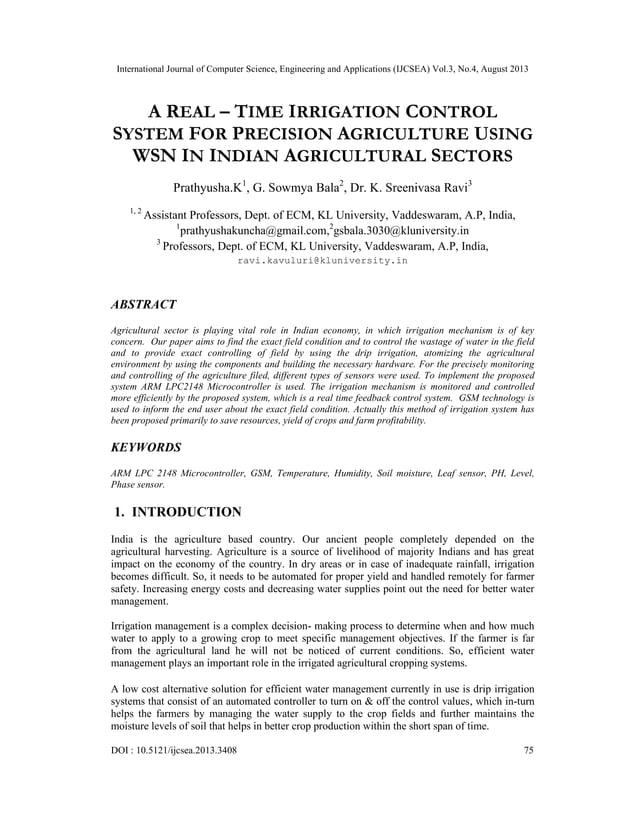 A REAL – TIME IRRIGATION CONTROL SYSTEM FOR PRECISION AGRICULTURE USING WSN IN INDIAN ...