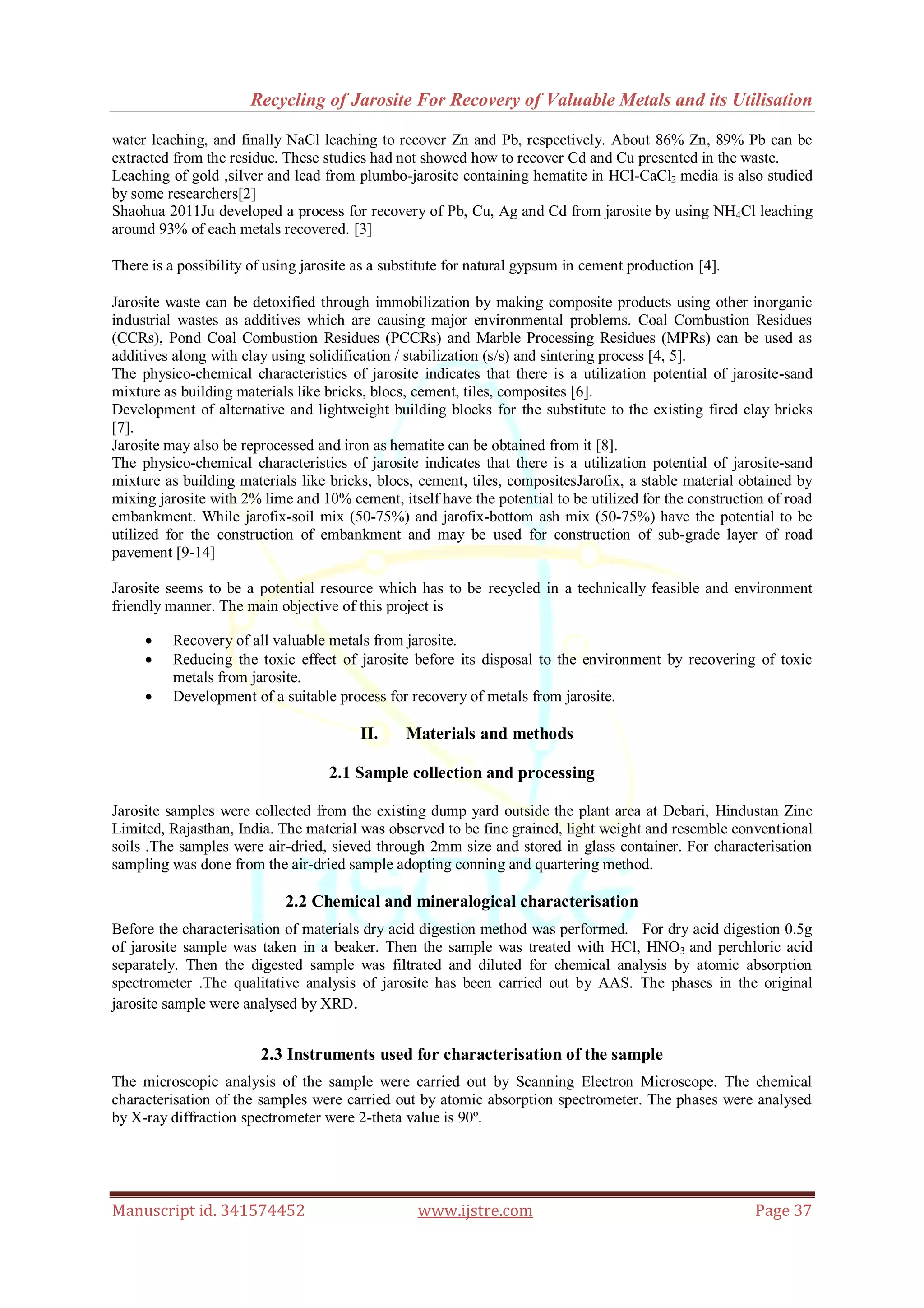 Recycling of Jarosite For Recovery of Valuable Metals and its ...