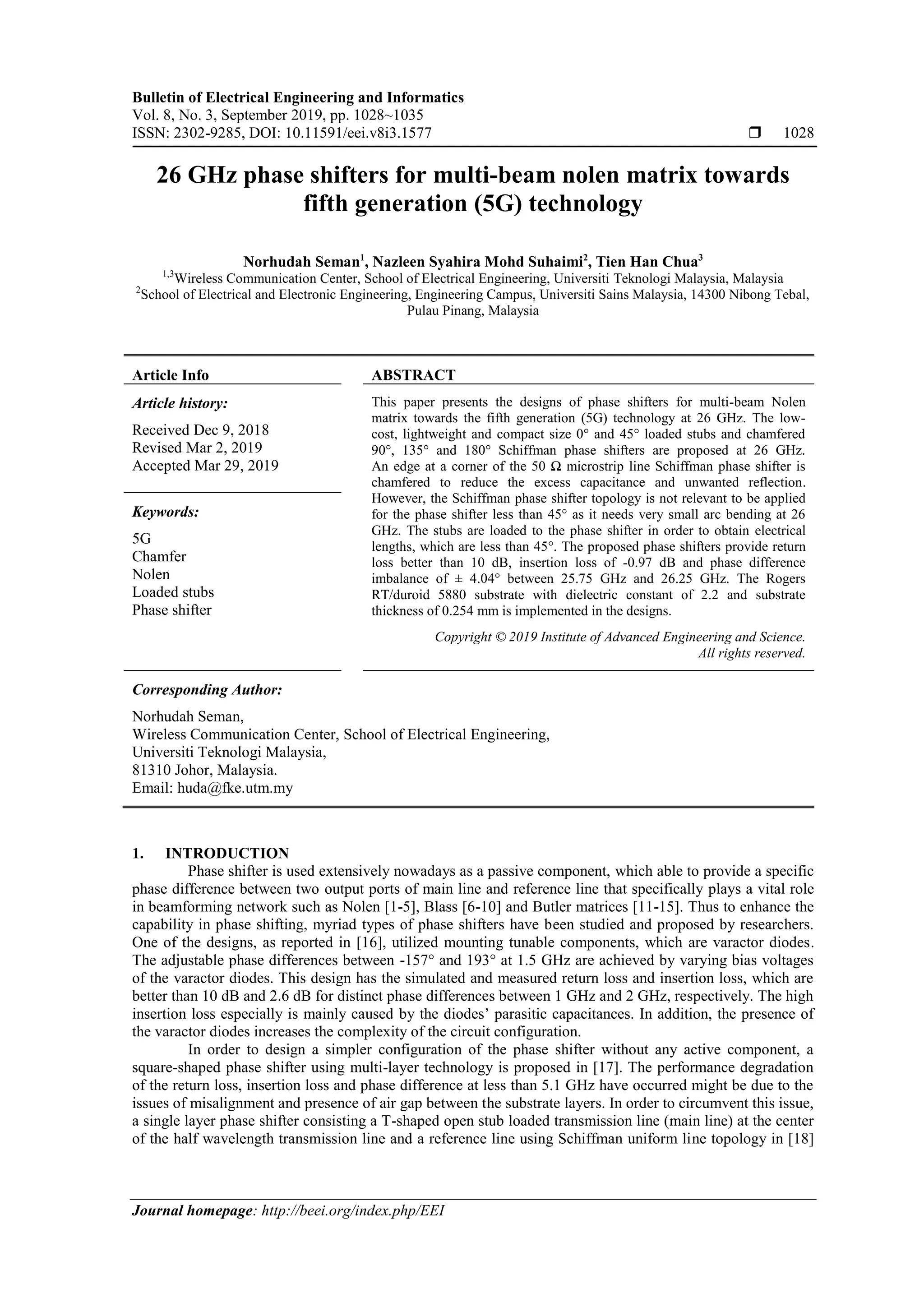 26 GHz phase shifters for multi-beam nolen matrix towards fifth ...