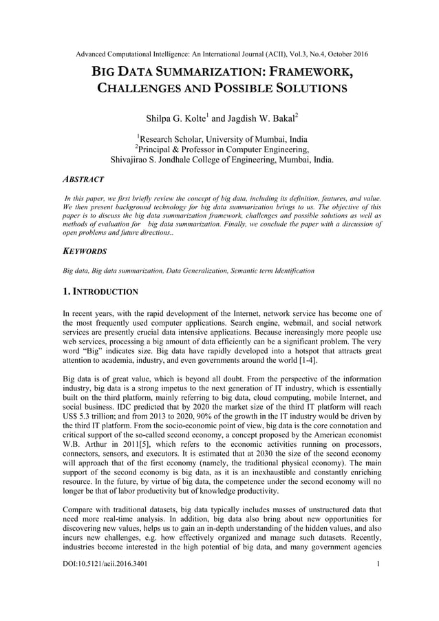 Big Data Summarization : Framework, Challenges and Possible Solutions | PDF
