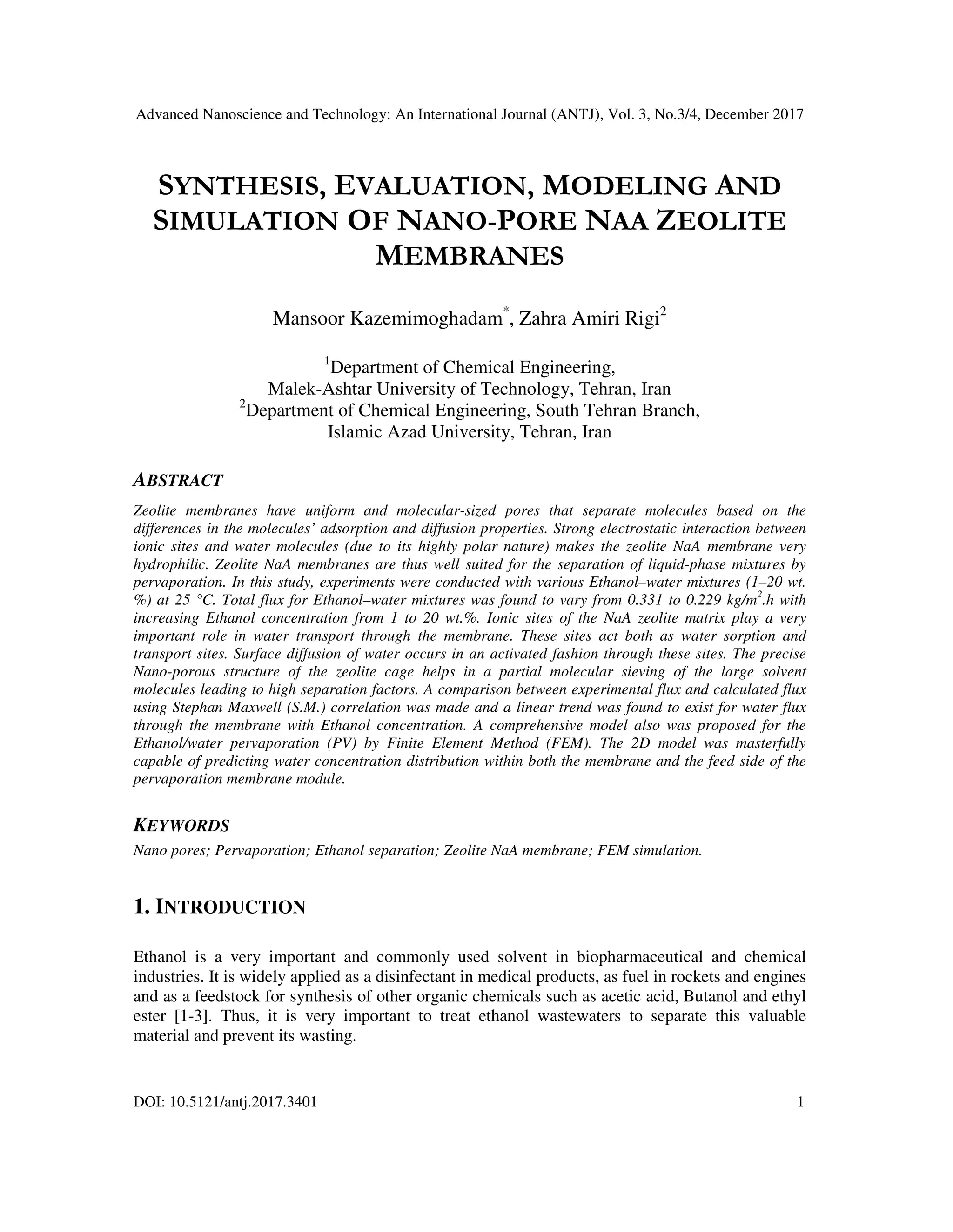 SYNTHESIS, EVALUATION, MODELING AND SIMULATION OF NANO-PORE NAA ZEOLITE ...