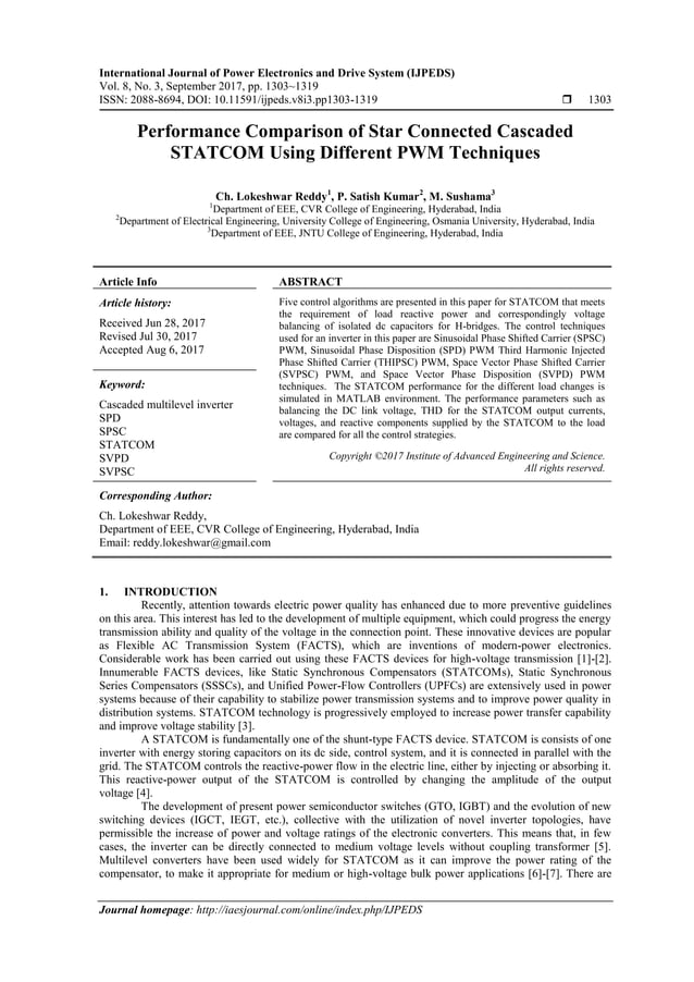 Performance Comparison Of Star Connected Cascaded Statcom Using Different Pwm Techniques Pdf