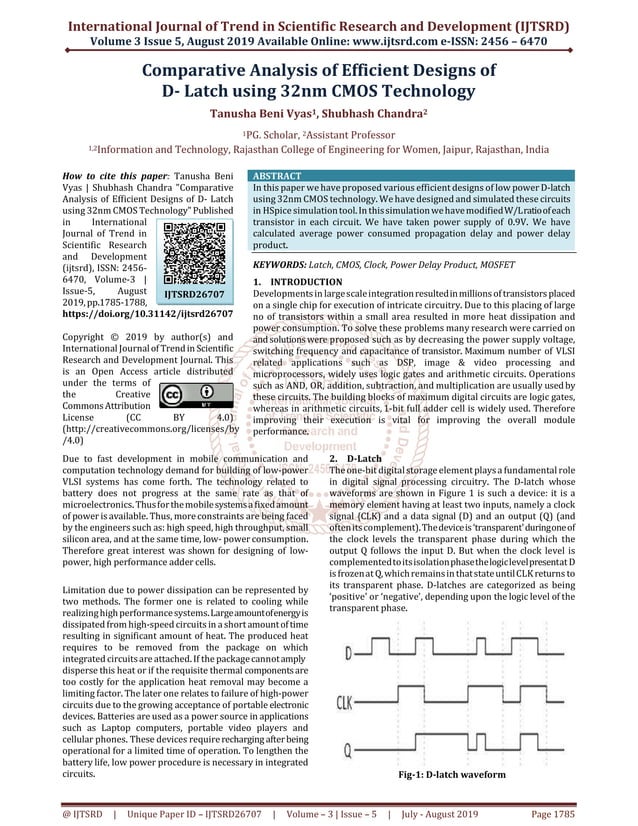Comparative Analysis of Efficient Designs of D Latch using 32nm CMOS Technology | PDF