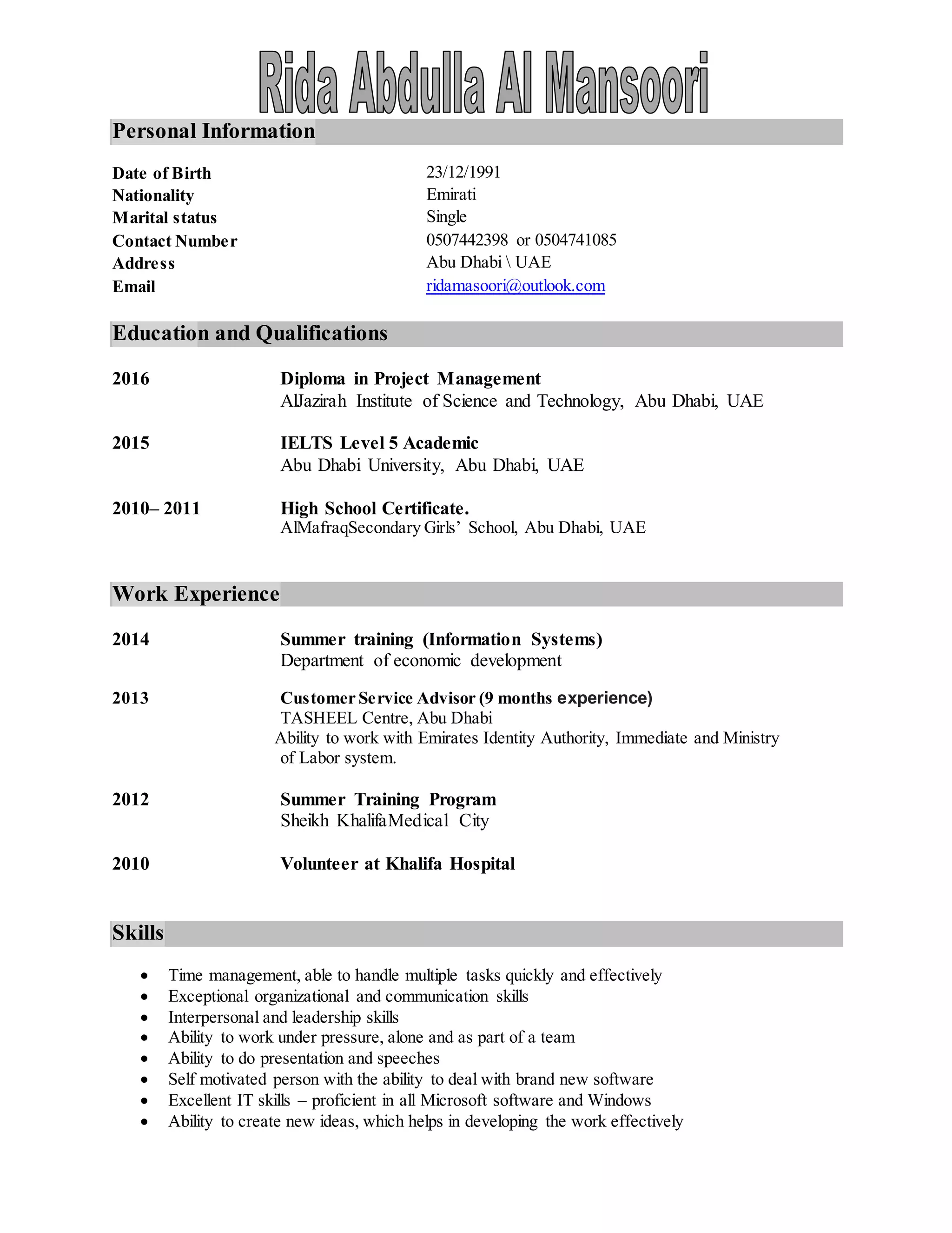 Rida Abdullah Al Mansoori -CV | DOCX | Business | Business and Finance