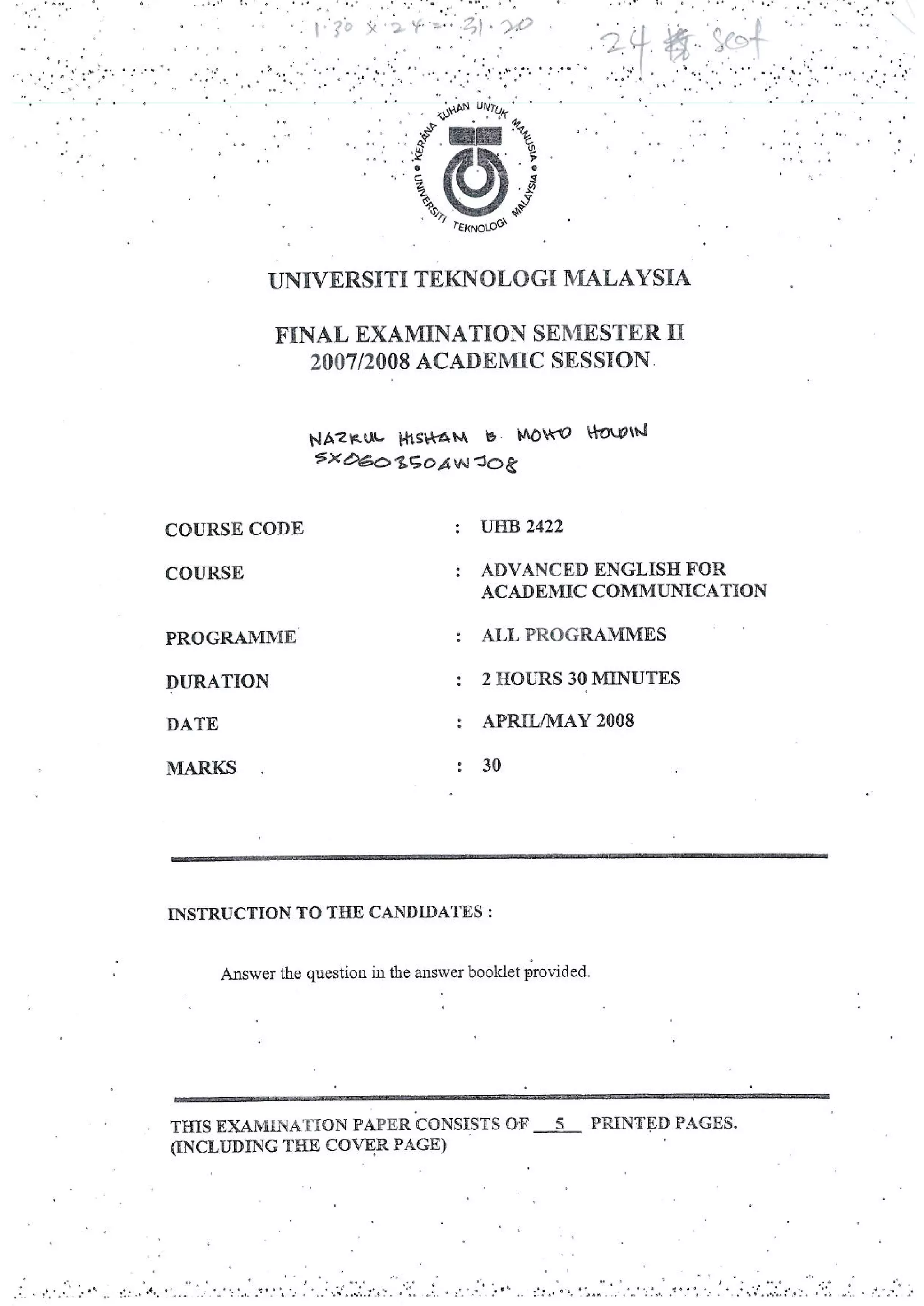 UHB2422 / ULAB2112 - Final exam paper with answer sample | PDF