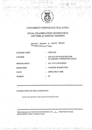 UHB2422 / ULAB2112 - Final exam paper with answer sample | PDF