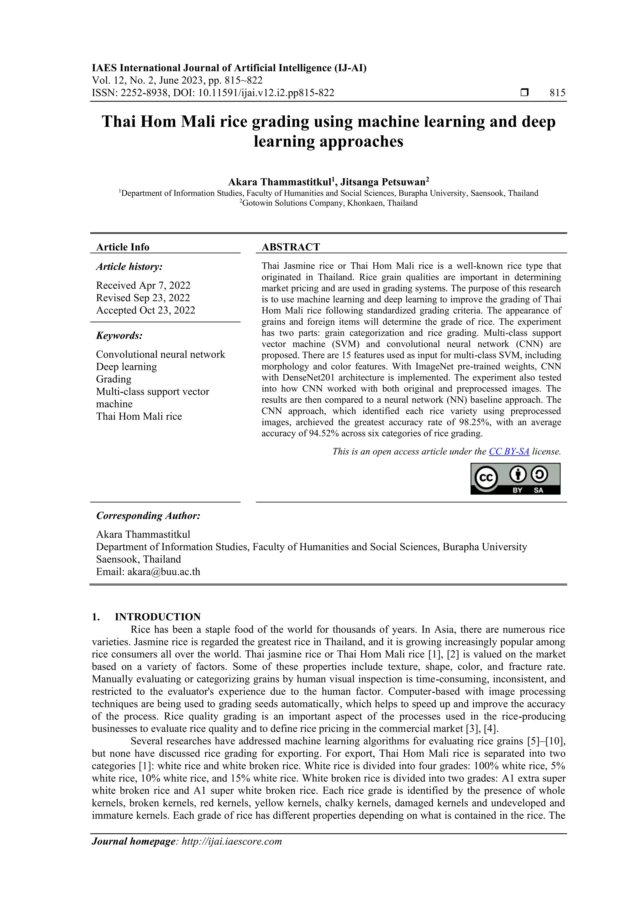 Thai Hom Mali rice grading using machine learning and deep learning approaches | PDF