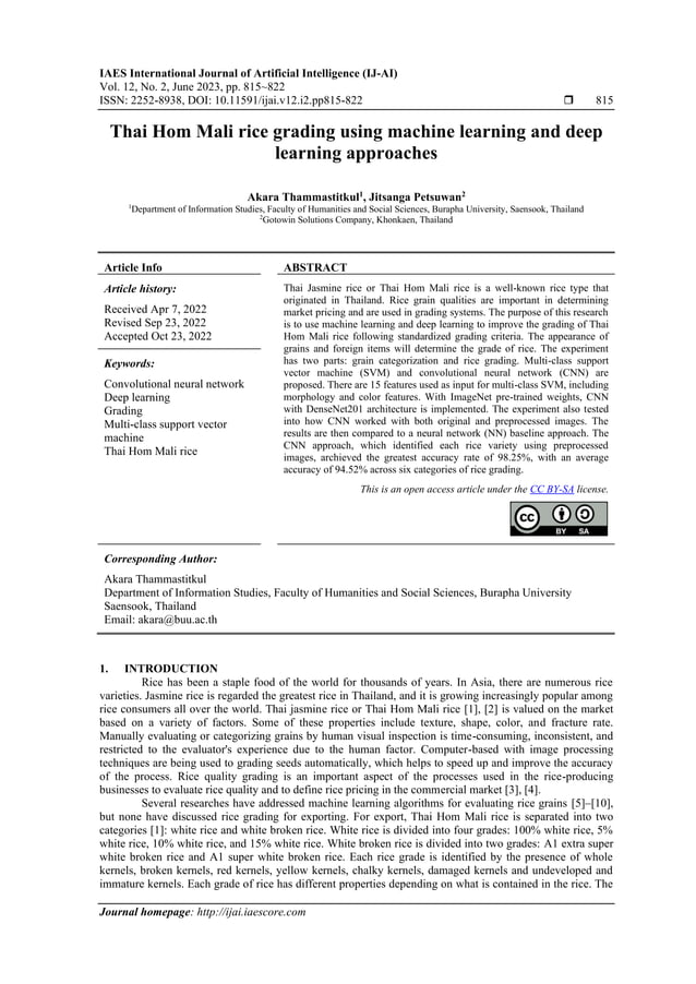 Thai Hom Mali rice grading using machine learning and deep learning approaches | PDF