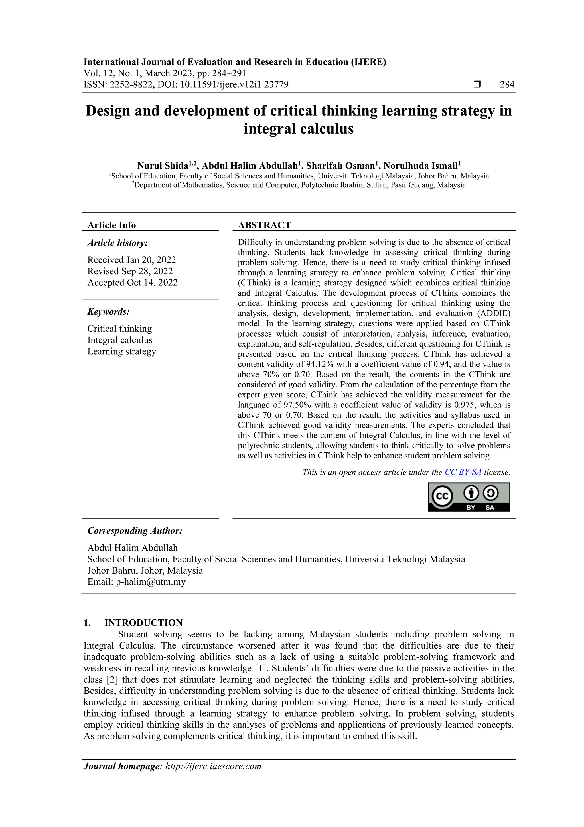 Design and development of critical thinking learning strategy in integral calculus | PDF