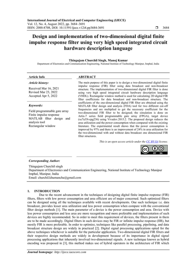Design And Implementation Of Two Dimensional Digital Finite Impulse Response Filter Using Very