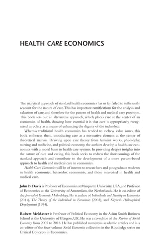 Health Care Economics John B Davis Robert Mcmaster | PDF
