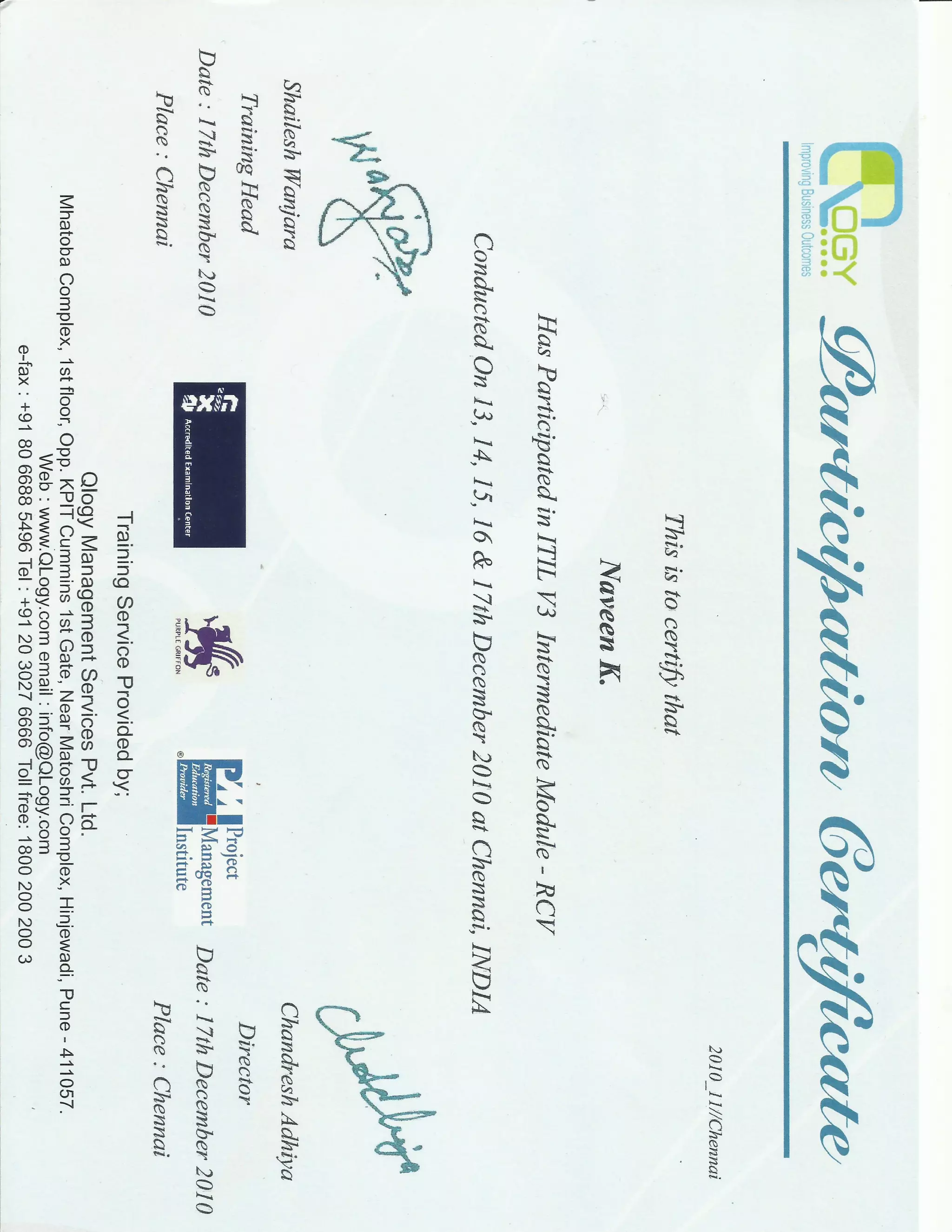 ITIL Intermediate RCV Training Certificate | PDF