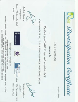 ITIL Intermediate RCV Training Certificate | PDF