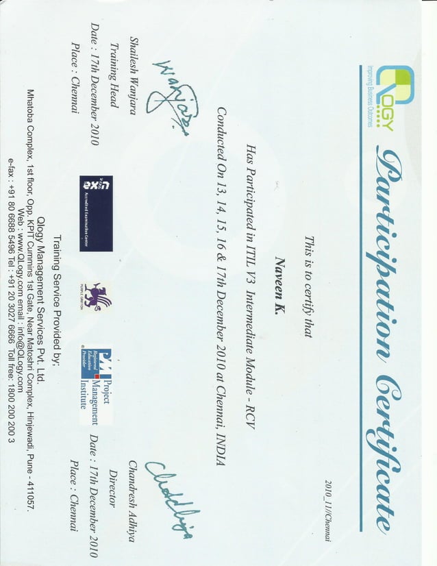 ITIL Intermediate RCV Training Certificate | PDF | Free Download